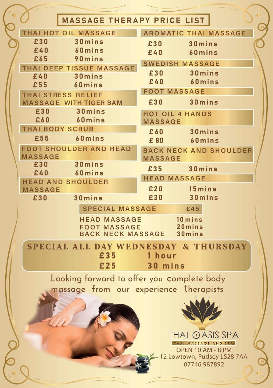 Services – Welcome to Thai Oasis Spa Massage in Pudsey